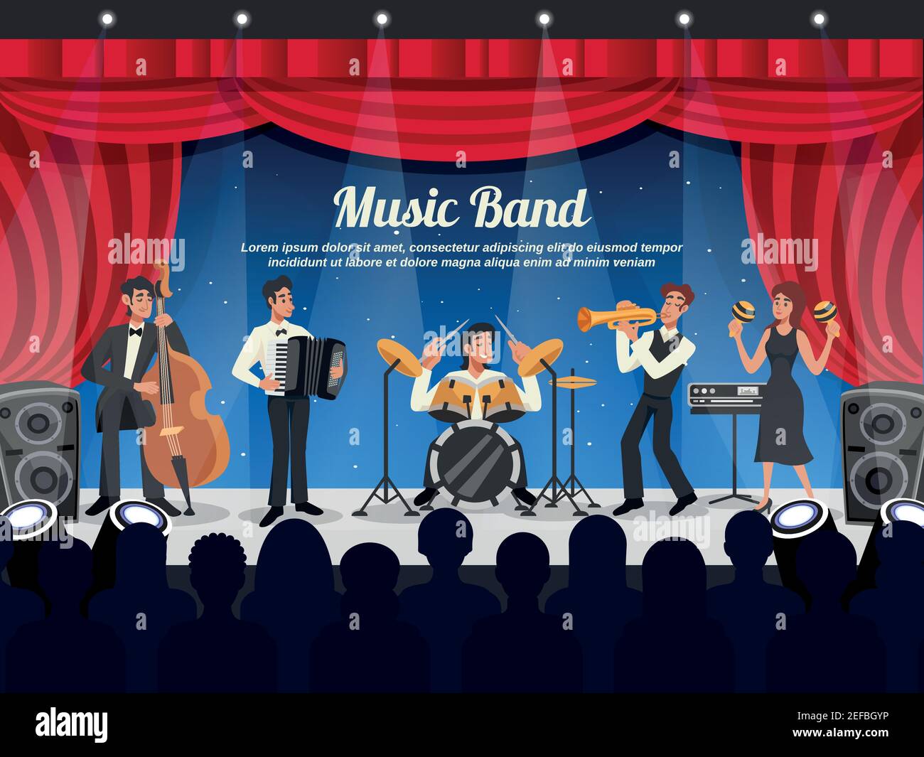 Cartoon colored musician illustration with music band performs on stage ...
