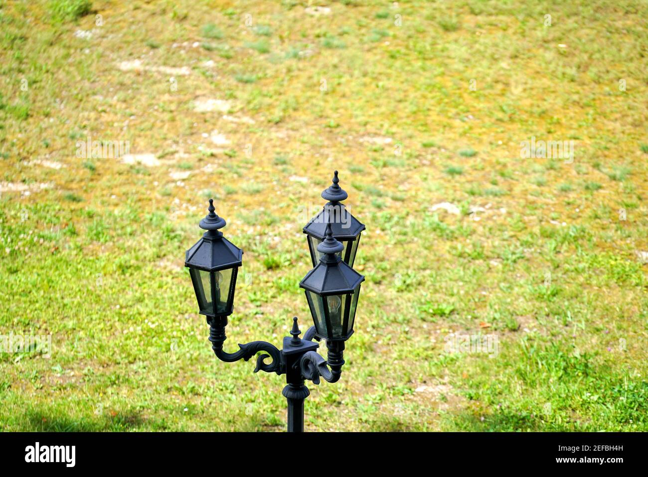 High angle shot of street lamps in a park covered in the grass under ...