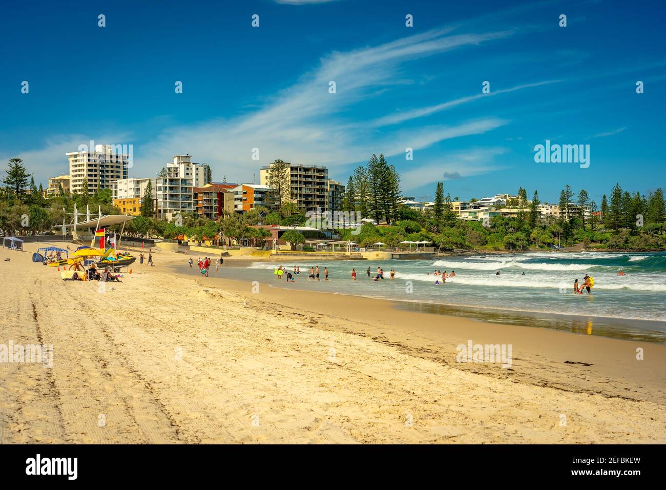 Kings Beach, Queensland, Australia - People swimming at the local beach ...