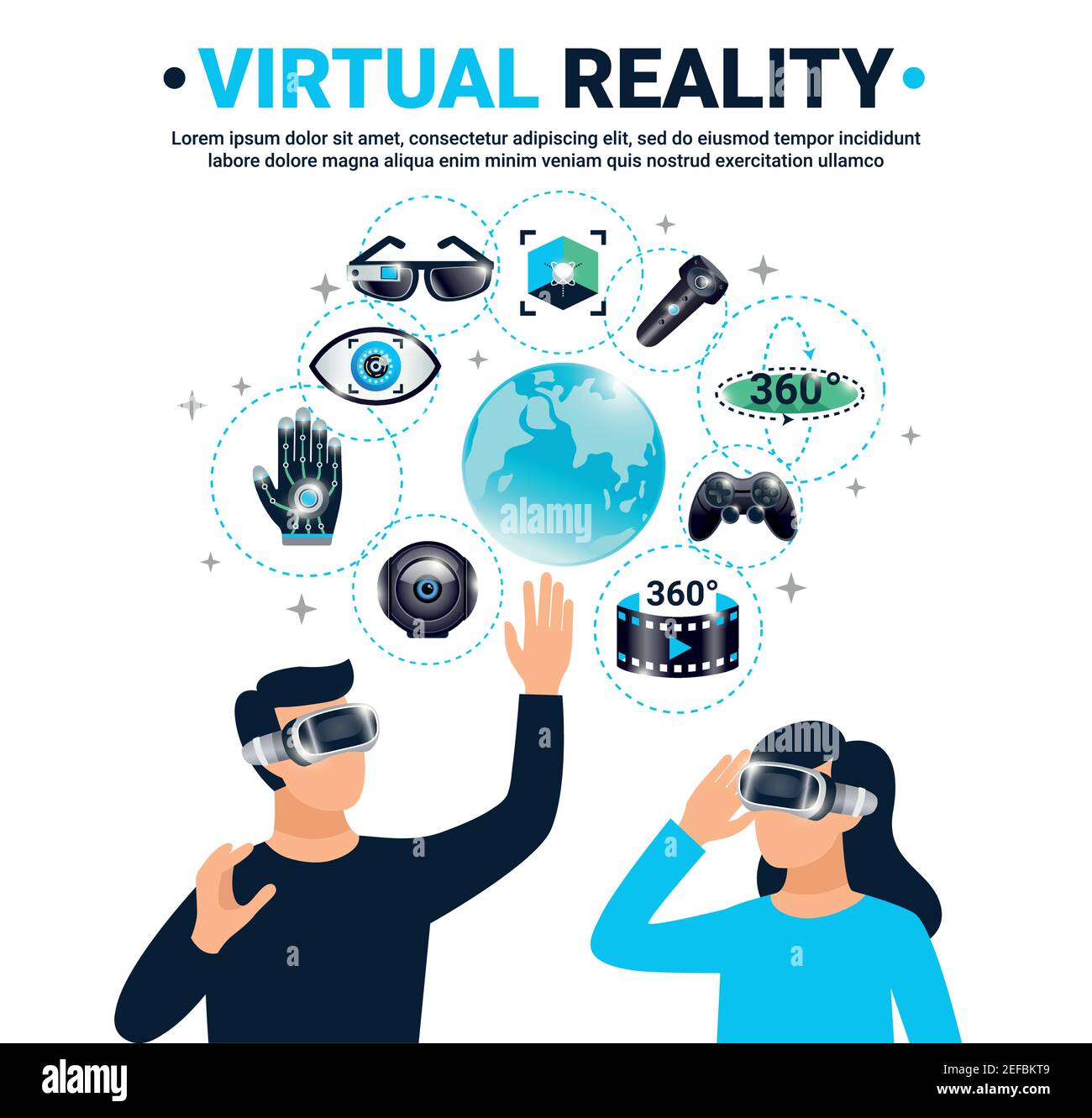 Colored virtual reality poster with man and woman in glasses and place ...