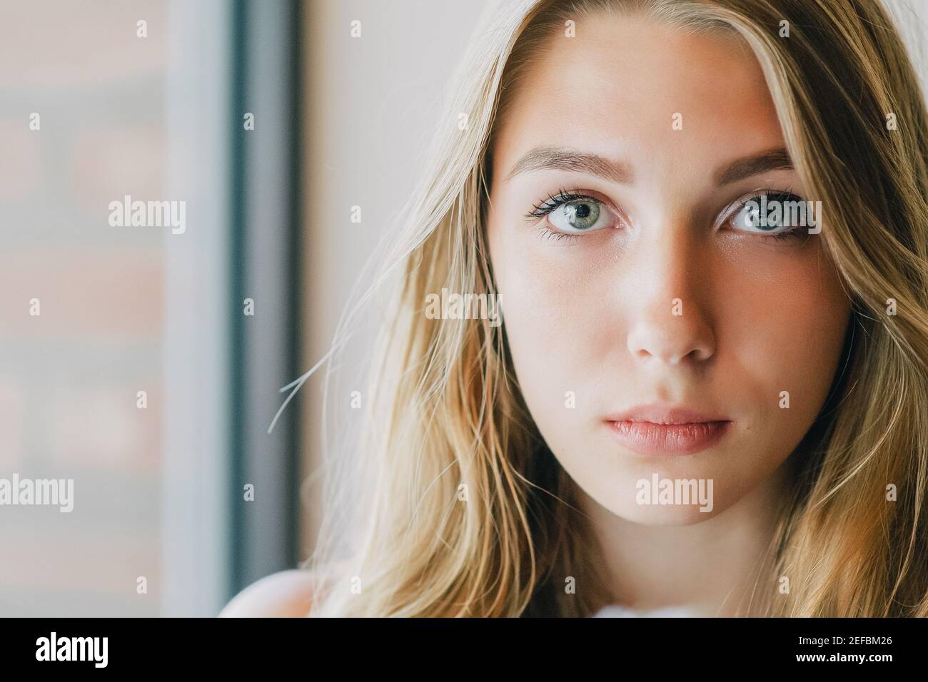 Portrait of a young woman with beautiful hair and gray eyes. Close-up portrait of a blonde girl ...