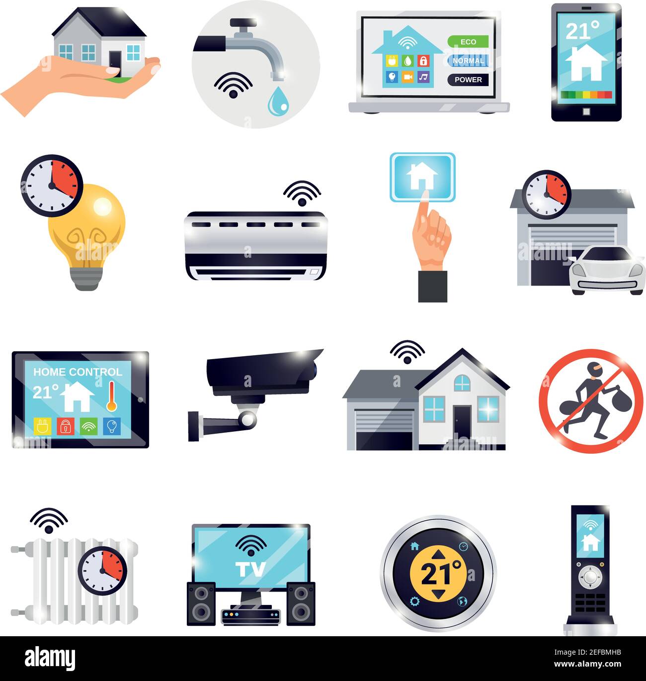 Isolated smart home icon set with electronically elements and ...