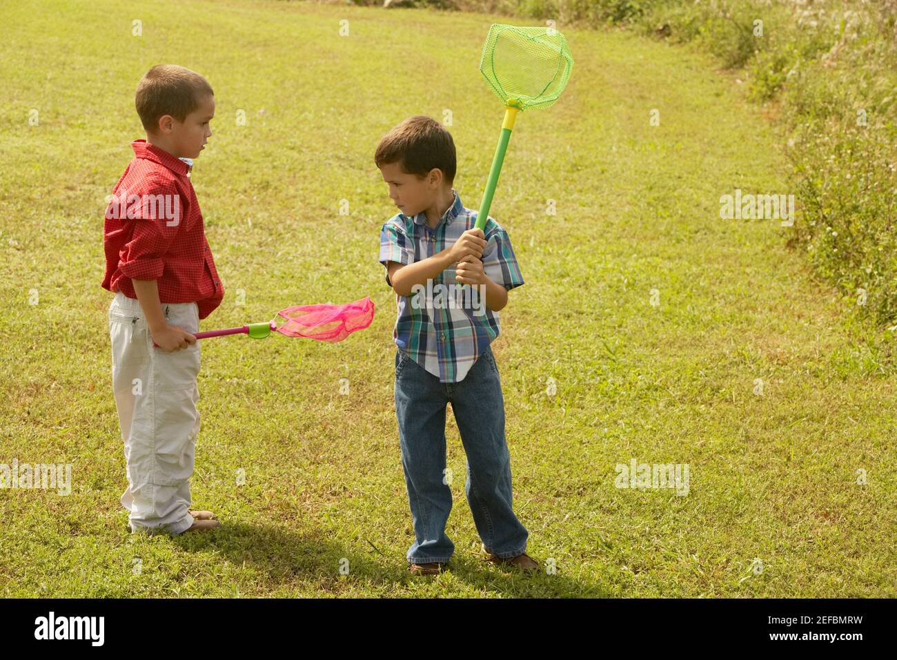 Two boys standing on the lawn and holding butterfly nets Stock Photo ...
