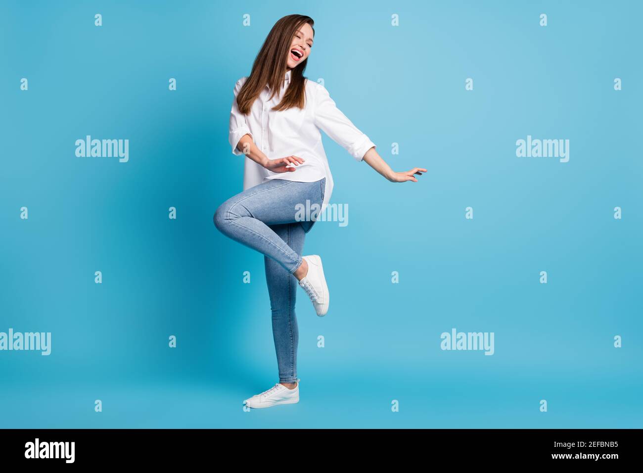 Full length profile photo of crazy lady dancing party wear white shirt ...