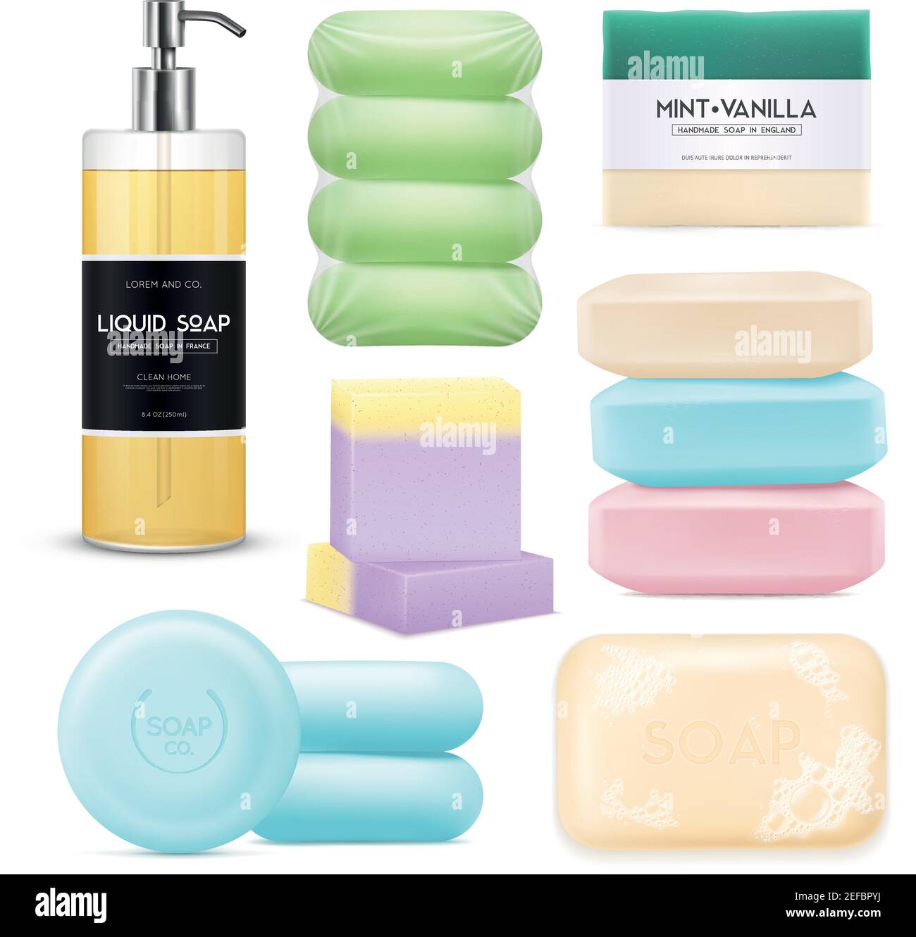 Realistic soap set with colored pieces of solid soap and spray with ...