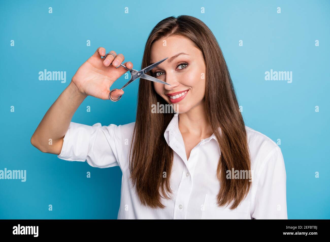 Photo of pretty hairdresser lady hold scissors change hairstyle wear ...