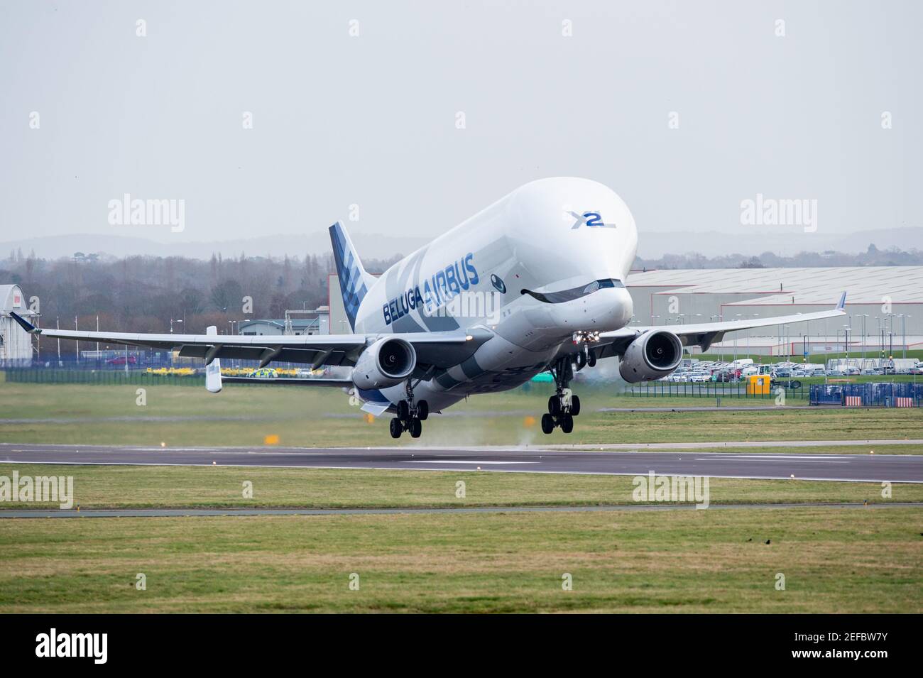 Saltney Ferry, UK. 17th Feb, 2021. Beluga XL2 takes off from Hawarden ...