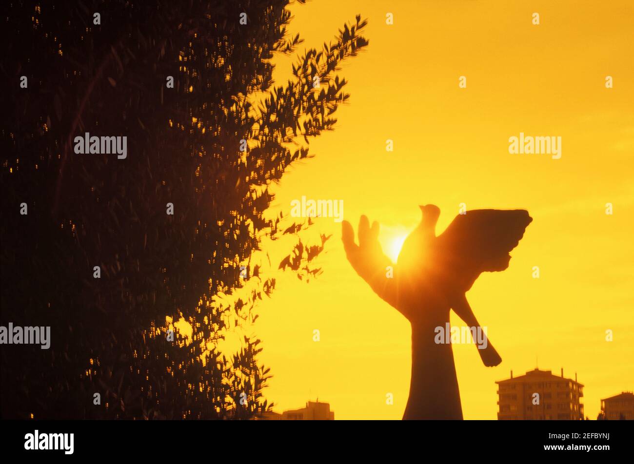 Silhouette of the statue of a pigeon on a hand at dusk Stock Photo - Alamy