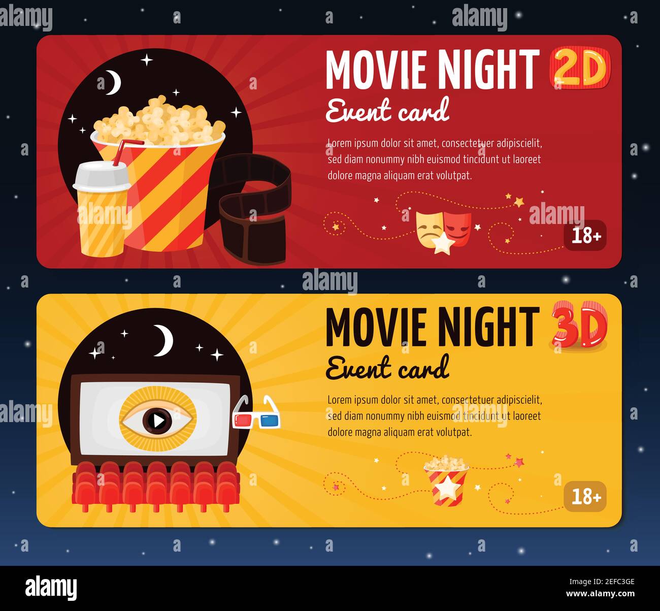 Movie horizontal banners presented cards for night cinema viewing event ...