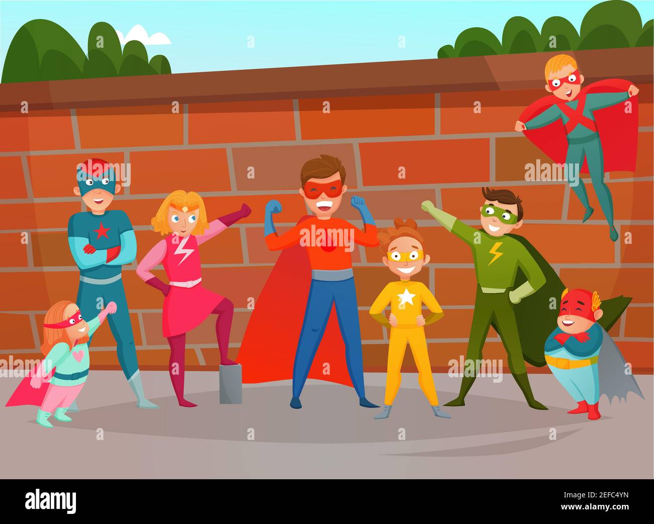 Kids superheroes composition with team of boys and girls in costumes on ...