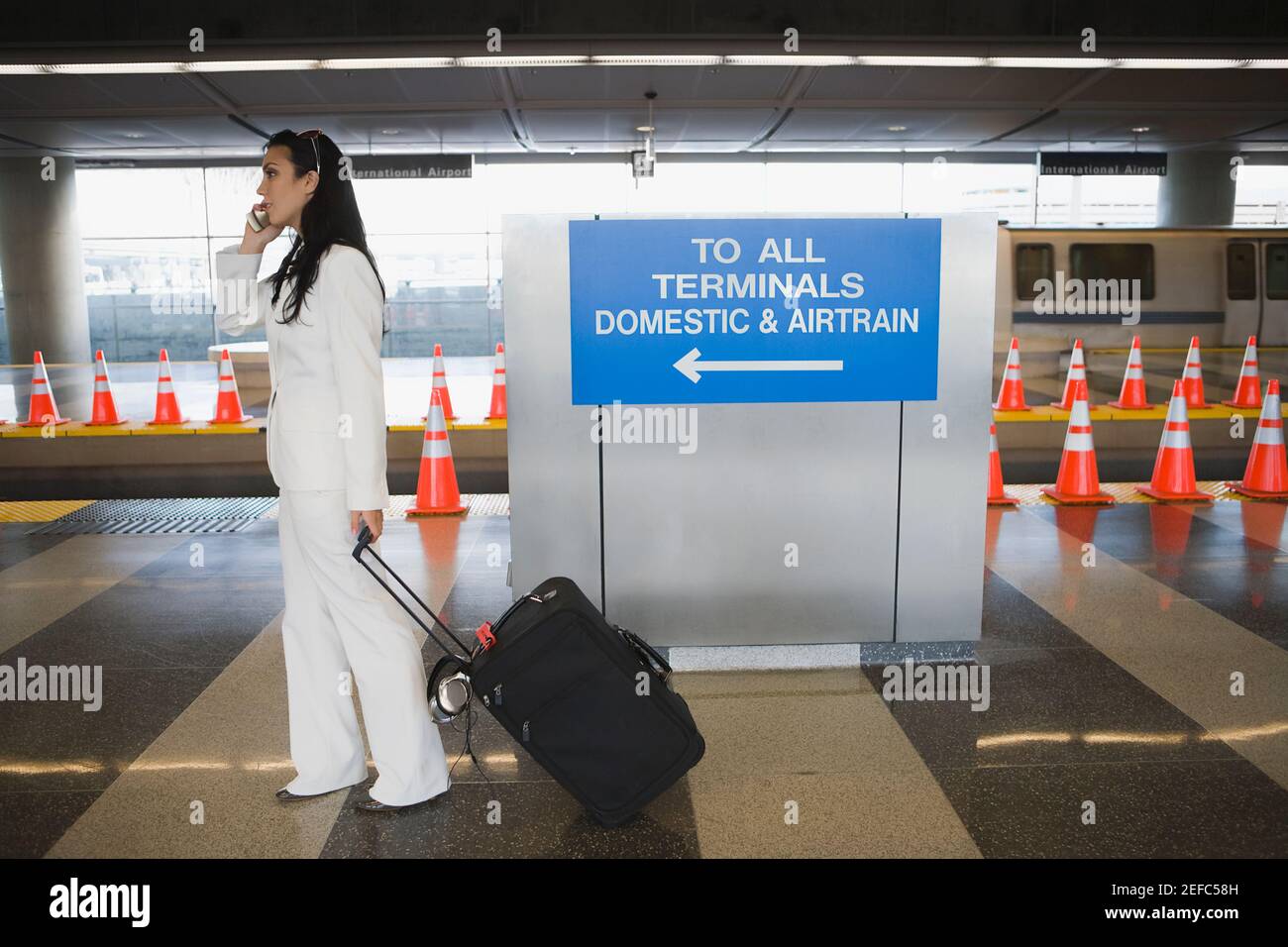 Side profile of a businesswoman talking on a mobile phone and pulling ...