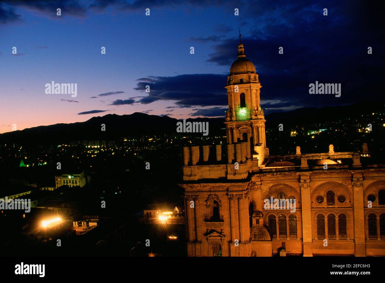 Cathedral lit up at night, Malaga, Andalusia, Spain Stock Photo - Alamy
