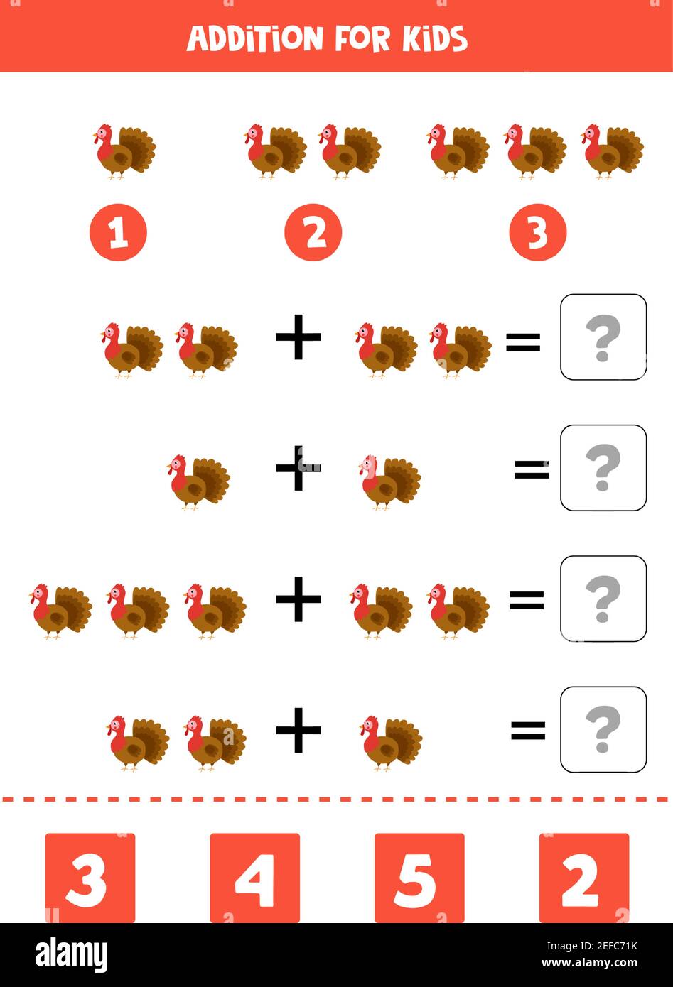 Addition game with cute cartoon turkey. Math game for kids Stock Vector ...