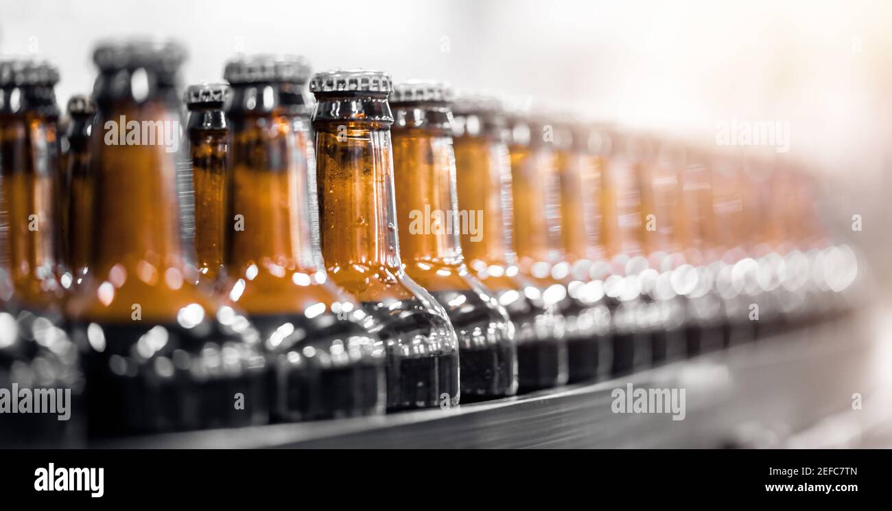 Glass bottles of beer on dark background with sun light. Concept banner ...
