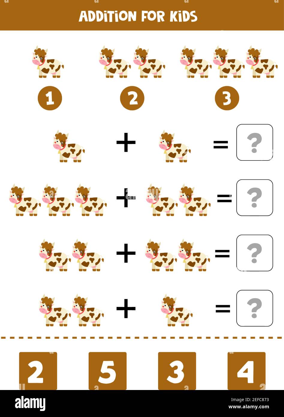 Addition worksheet with cute farm cow. Math game Stock Vector Image ...