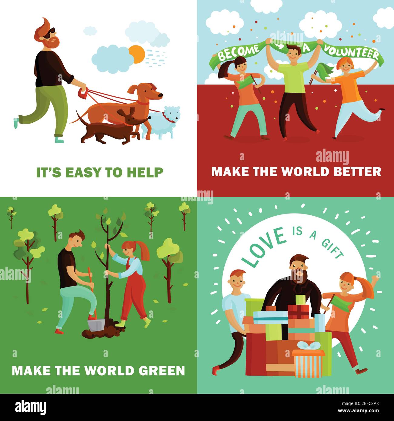 Volunteers design concept with four flat cartoon compositions and human ...