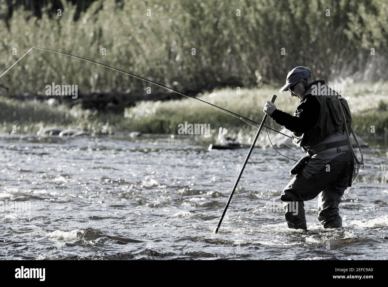 Senior man standing by river holding fishing rod hi-res stock ...