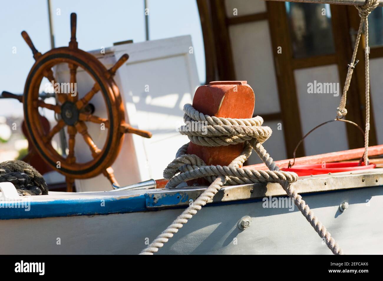 Boat tied up with a rope, Patmos, Dodecanese Islands, Greece Stock ...