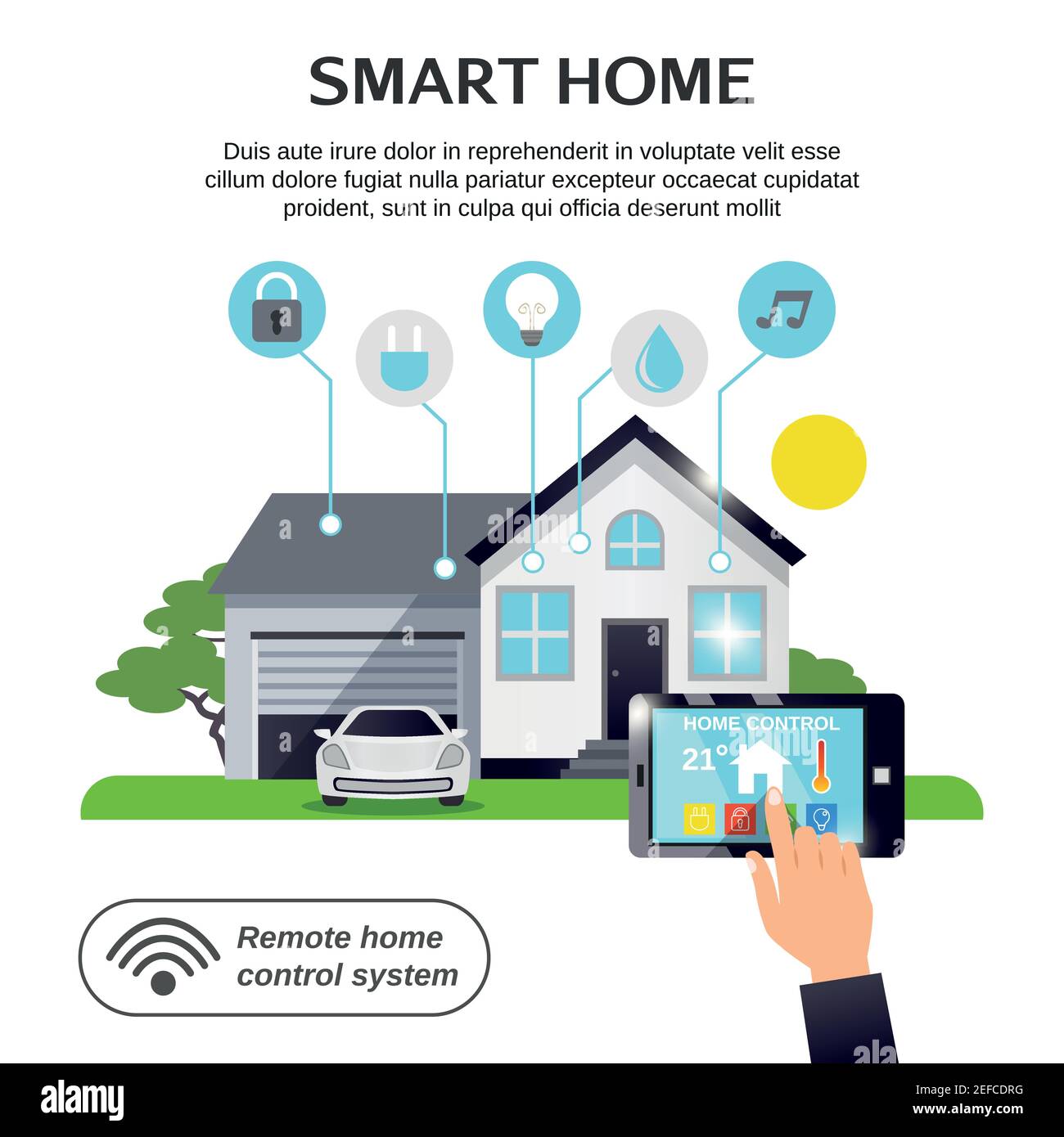 Colored smart home illustration with remote home control system ...