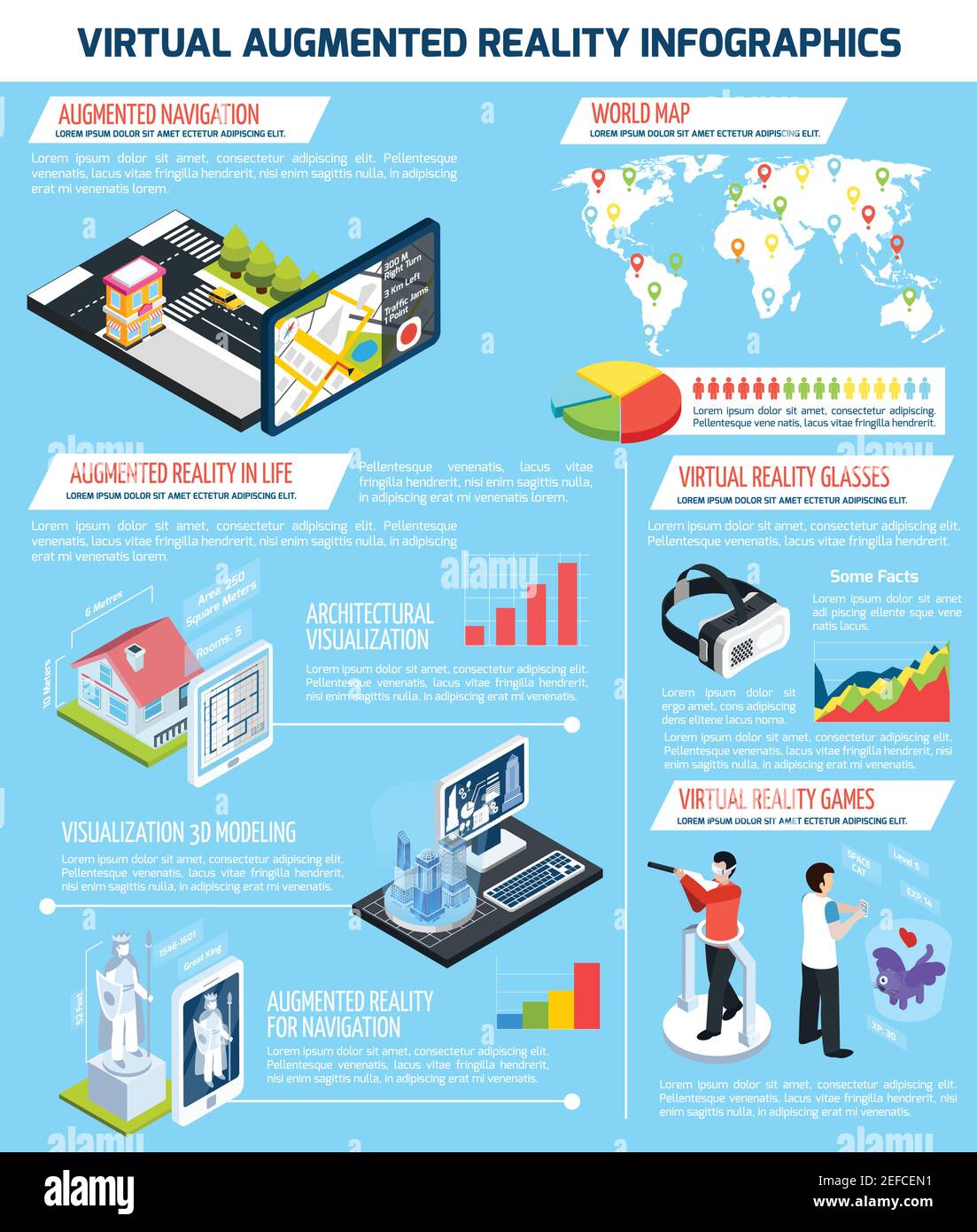 Colored virtual augmented reality 360 degree isometric infographics ...
