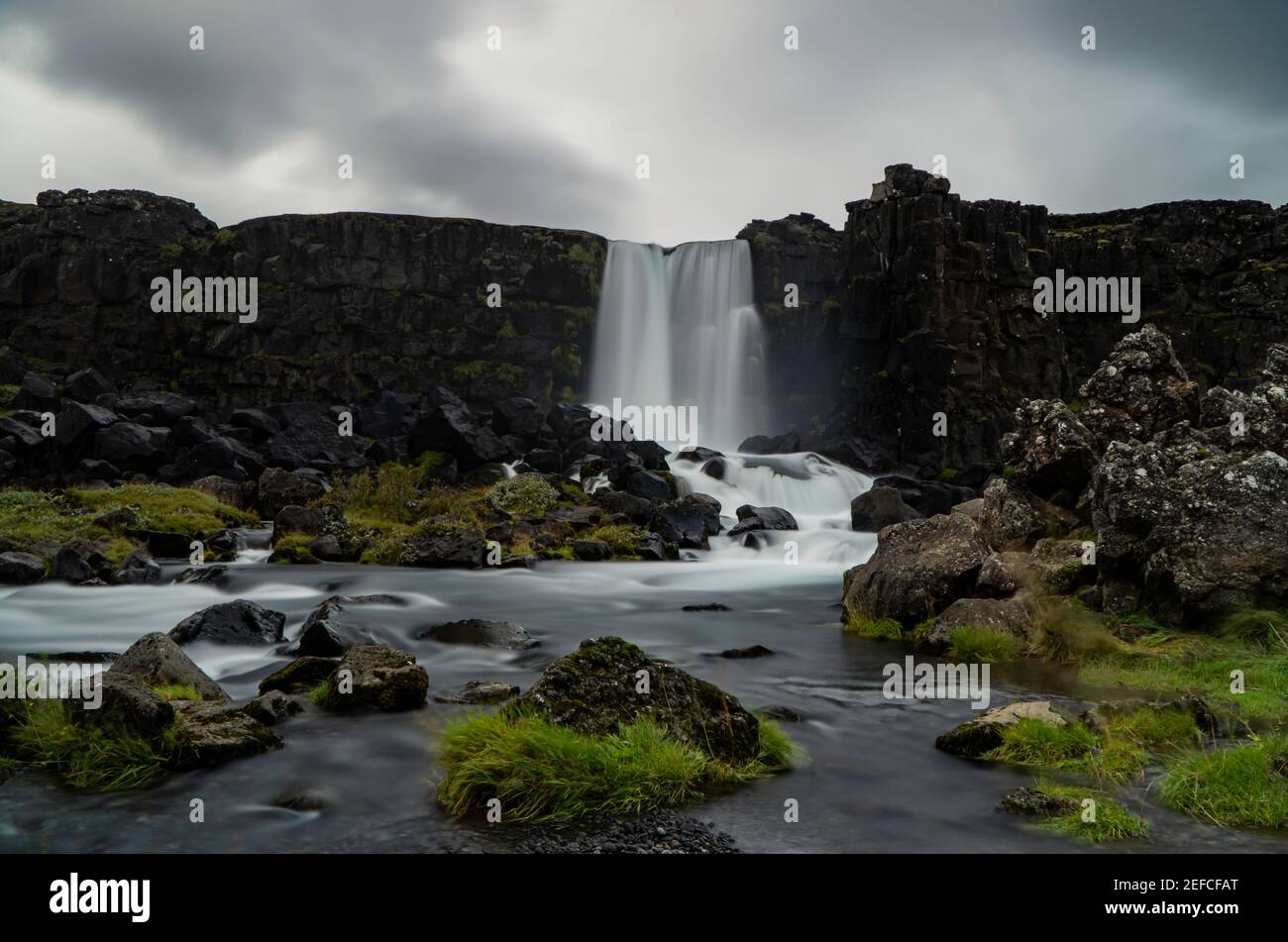 Oxararfoss as seen from the river, in Thingvellir national in Iceland ...