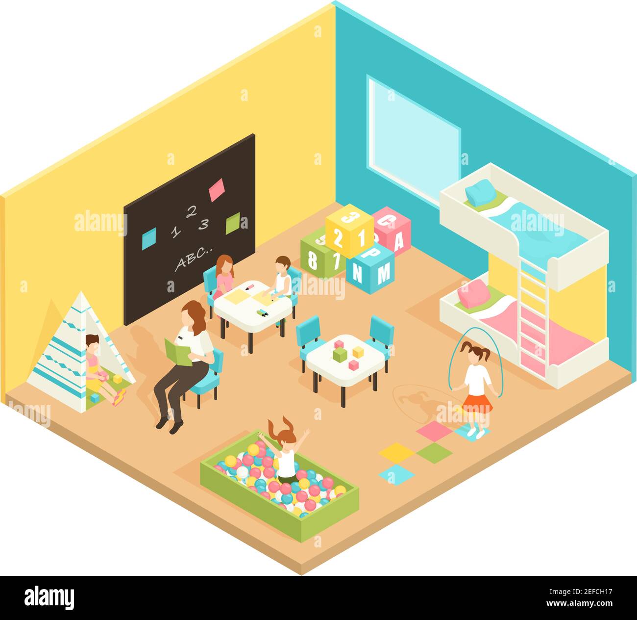 Kindergarten play room isometric design concept with teacher and ...