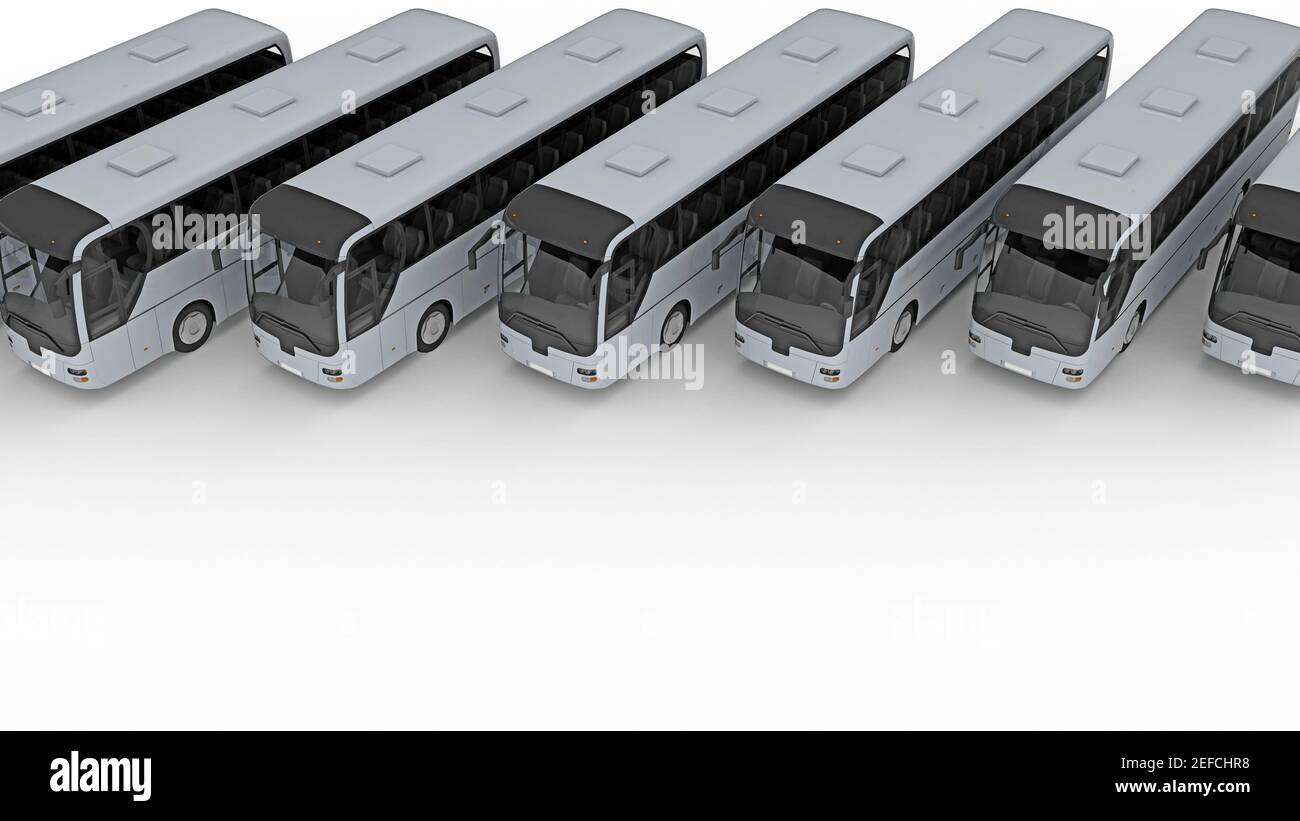 row of buses above view with copy space. 3d rendering Stock Photo - Alamy