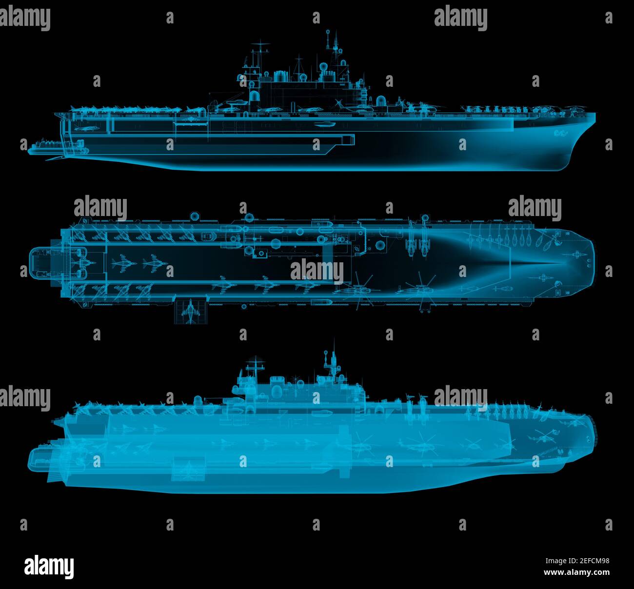 aircraft carrier side and top view in x-ray. 3d rendering Stock Photo ...