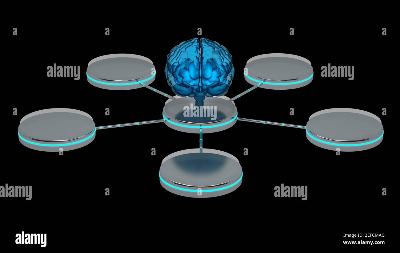 front view of the brain x-ray with five mock up pedestals around. 3d ...
