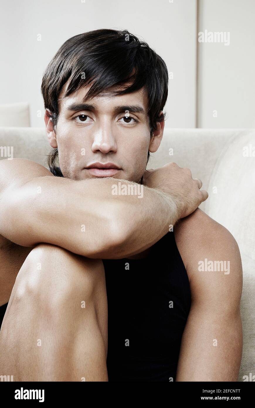 Portrait thinking man brainstorming sitting hi-res stock photography ...