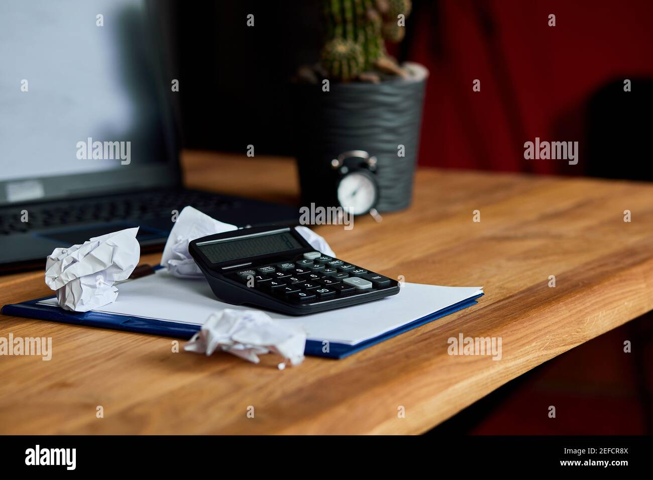 Still life of accountant workspace with office accessories calculator ...