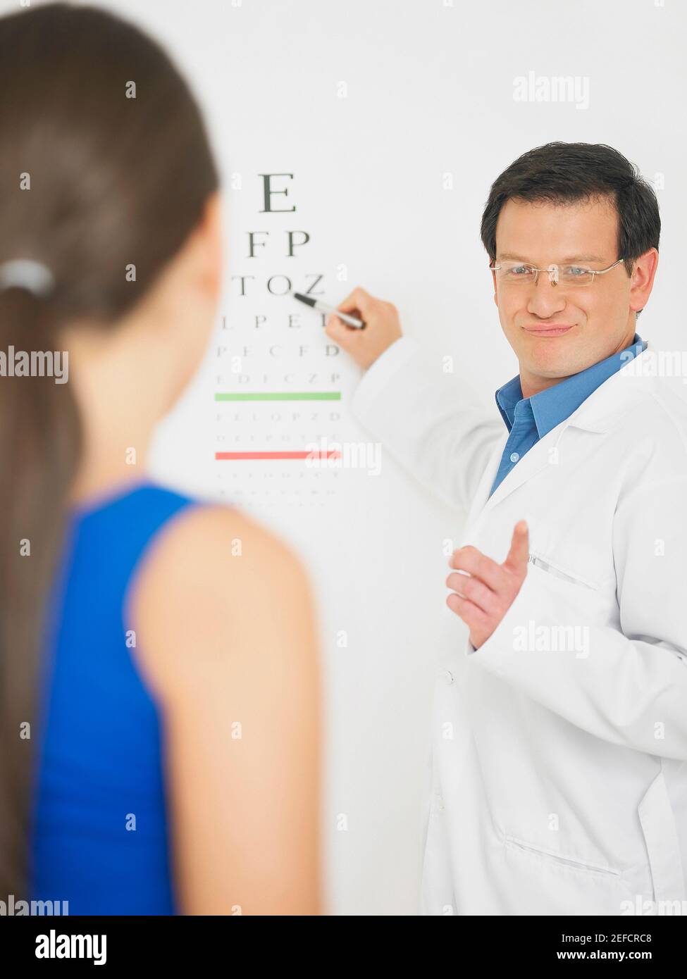 Male doctor doing an eye exam of a female patient Stock Photo - Alamy