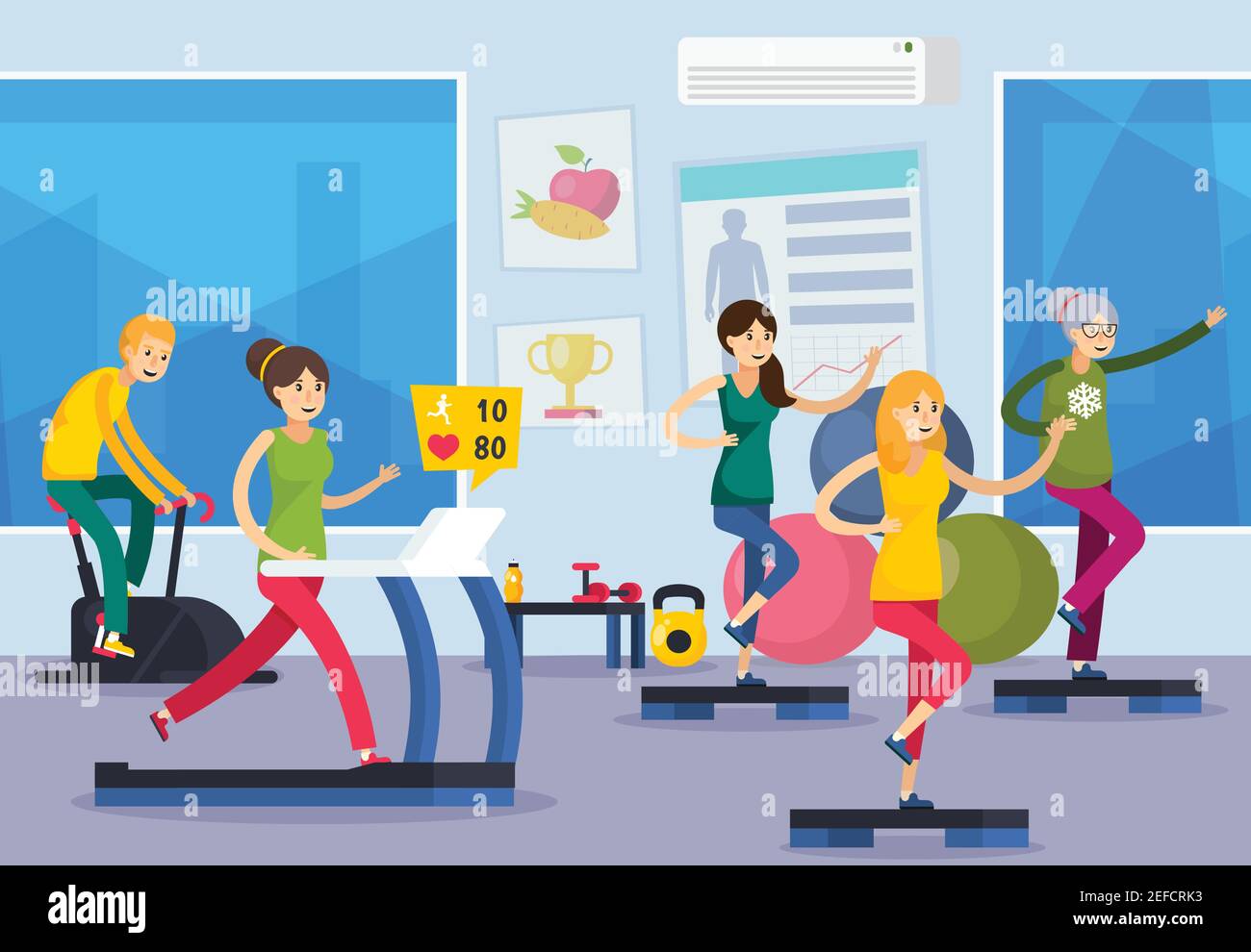 Colored flat fitness training people orthogonal composition with people ...