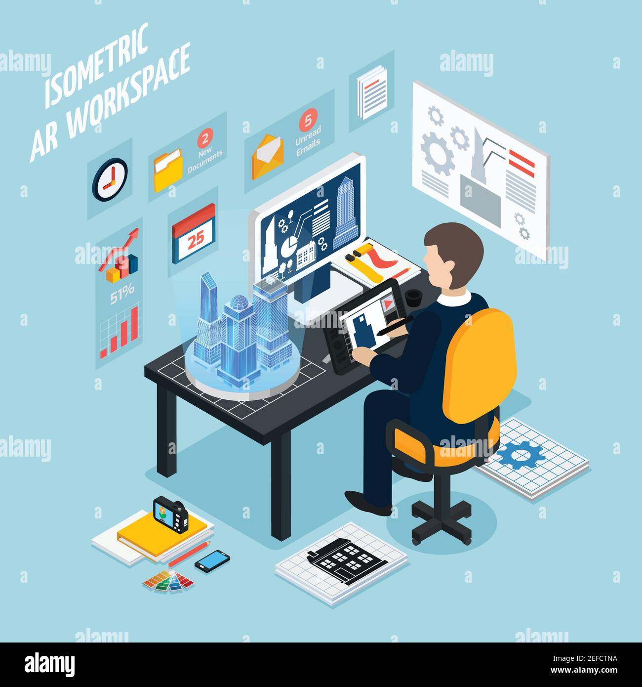 Colored augmented reality workplace isometric composition with man at ...