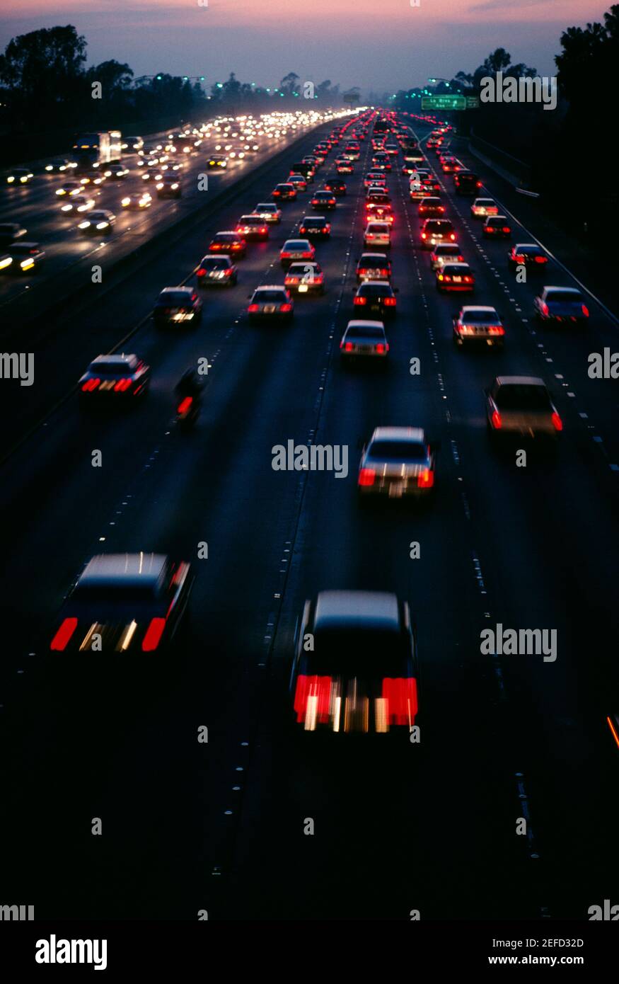 Traffic on Santa Monica freeway at sunset, Los Angeles, CA Stock Photo ...