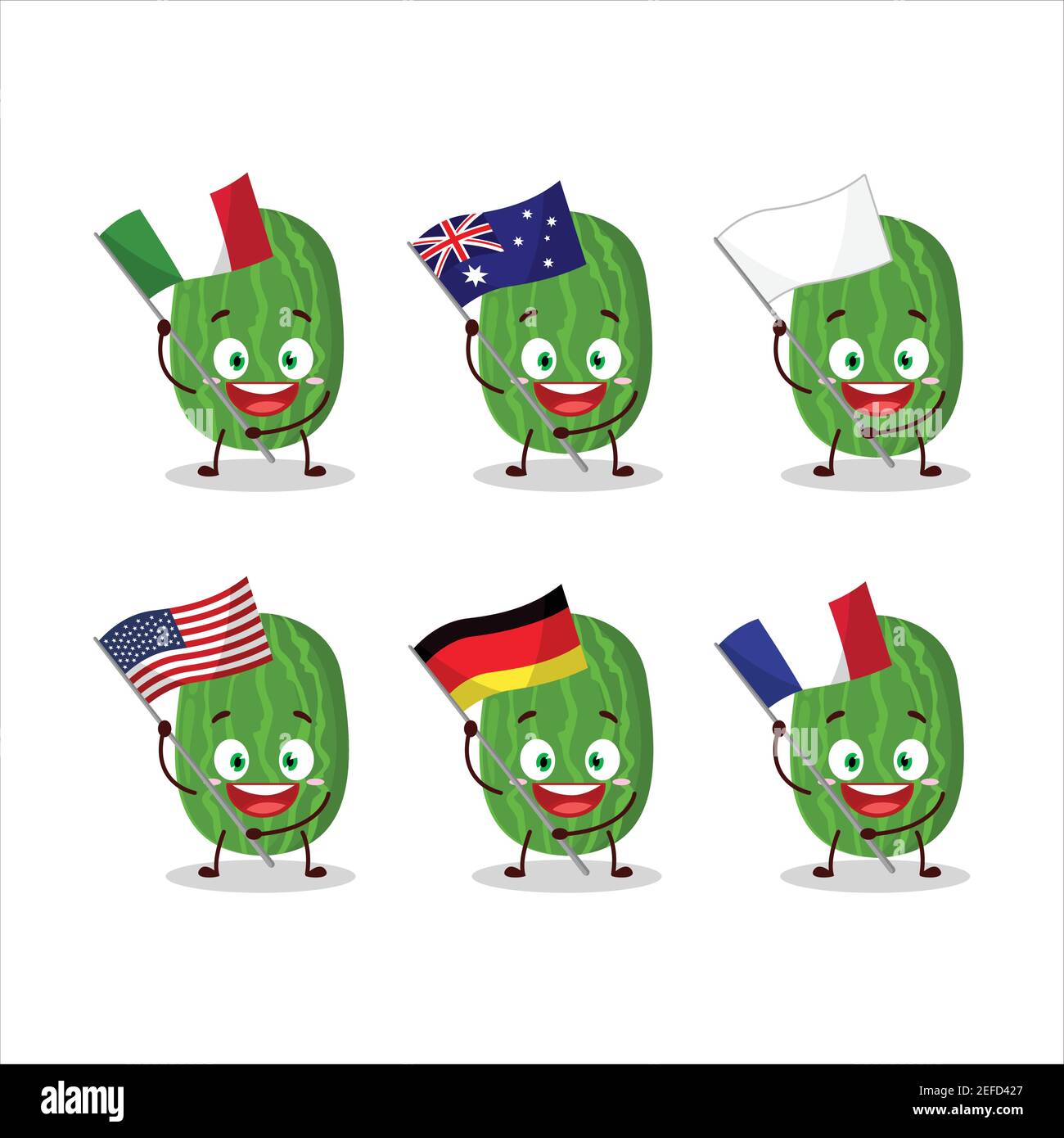 Cucamelon cartoon character bring the flags of various countries ...