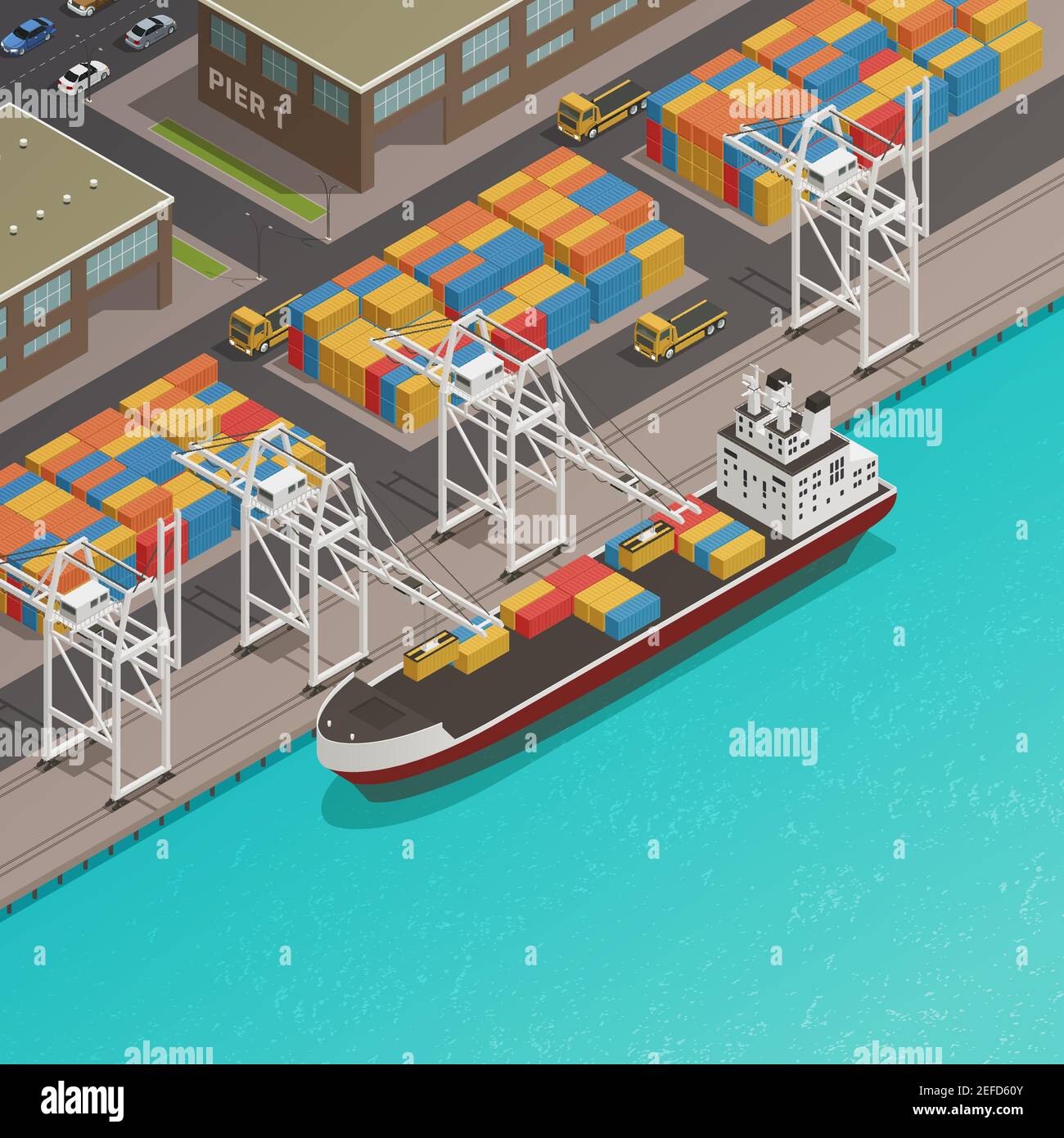 Freight loading dock at harbor wharf with moored cargo barge and ...