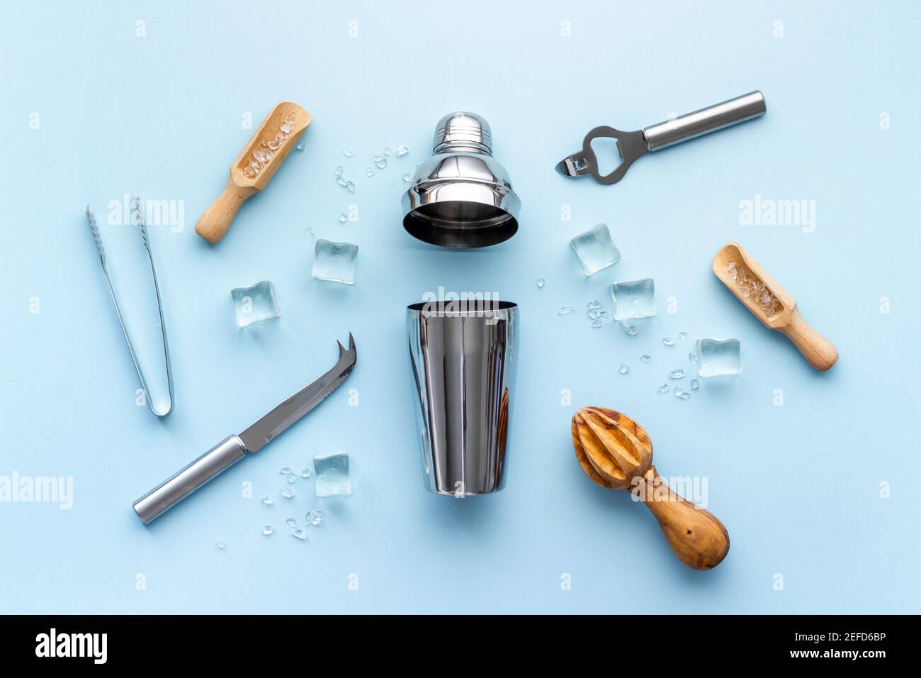 Flat lay of bar tools and utensils for cocktail Stock Photo - Alamy