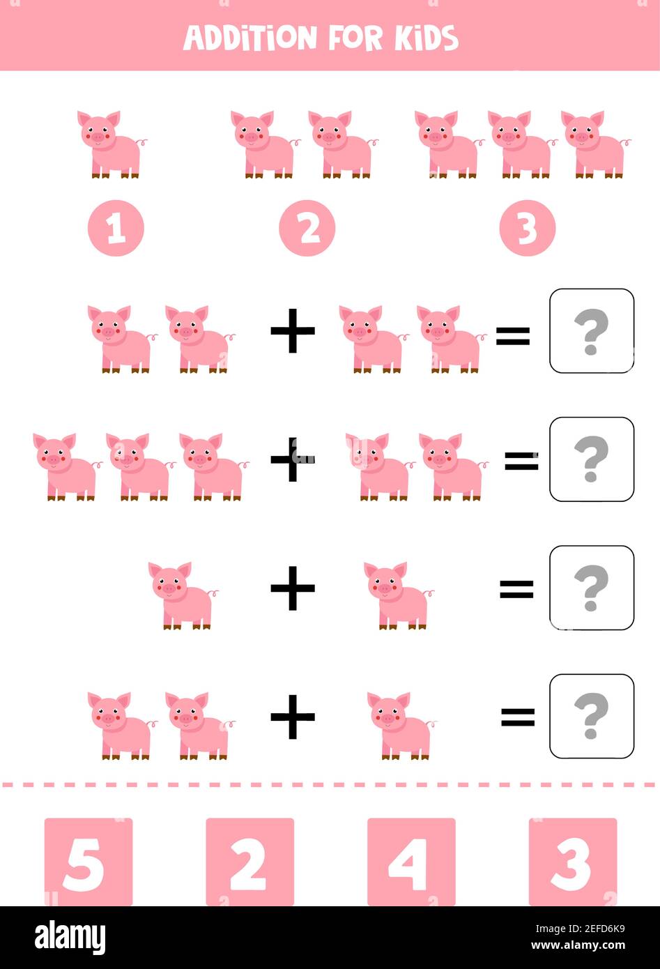 Addition game with cute cartoon farm pig. Math game for kids Stock ...