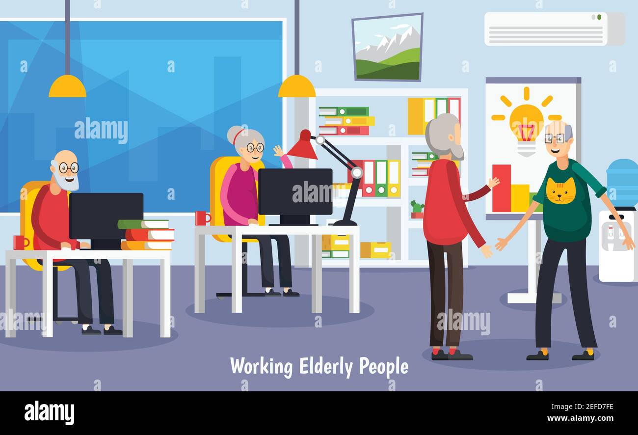 Colored and flat aged elderly people orthogonal concept with working ...