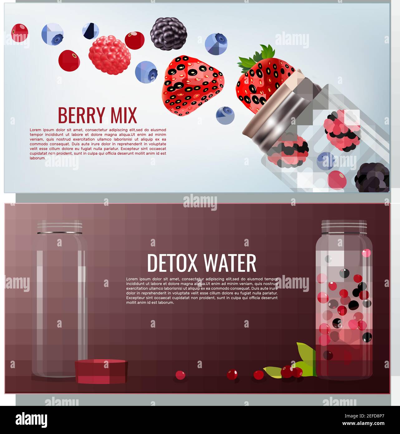 Detox beverages horizontal banners including transparent bottles with ...