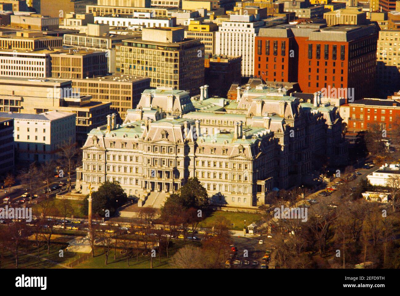 Aerial view of buildings in a city, Old Executive Office Building ...
