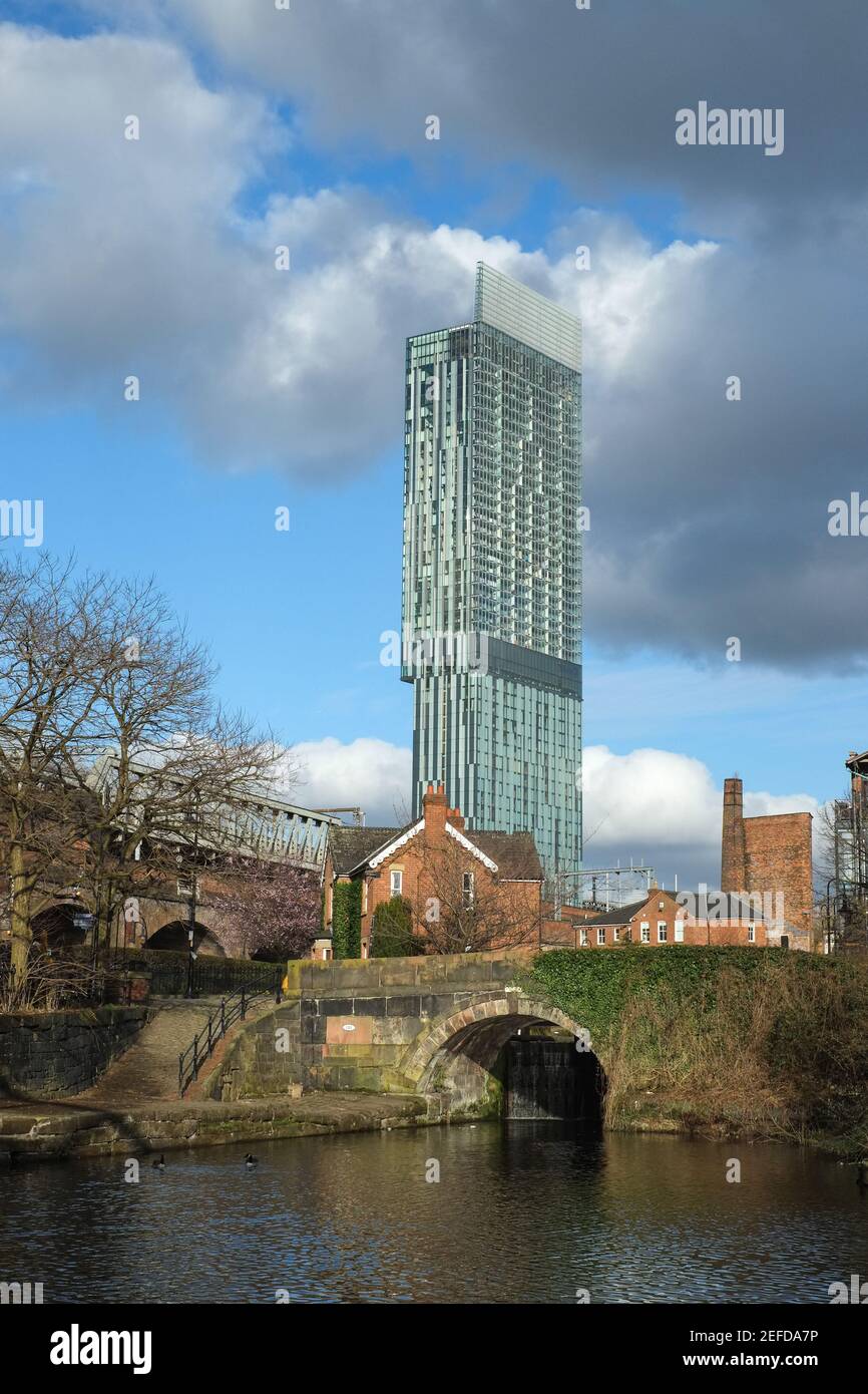Beetham Tower as seen from the Castlefield canal area of Manchester ...