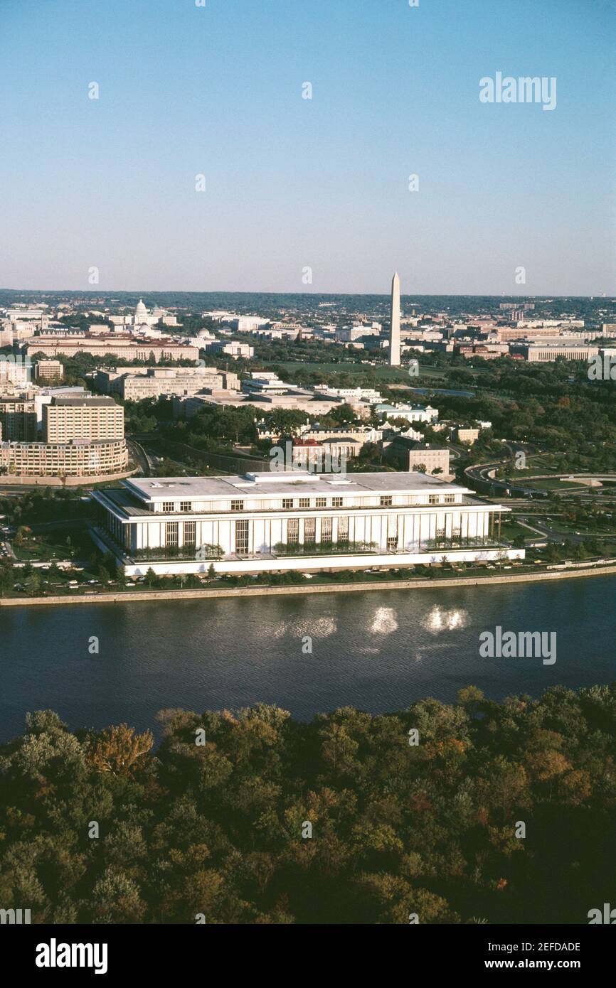 High angle view of buildings beside a river, John F. Kennedy Center ...
