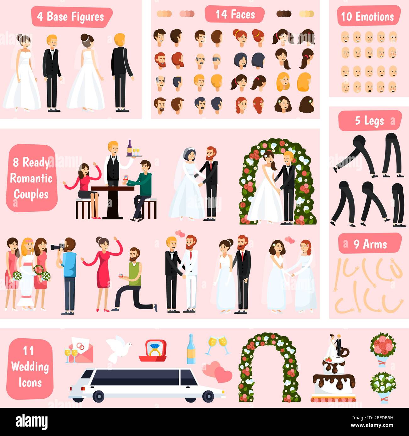 Colored wedding people orthogonal character constructor icon set with ...