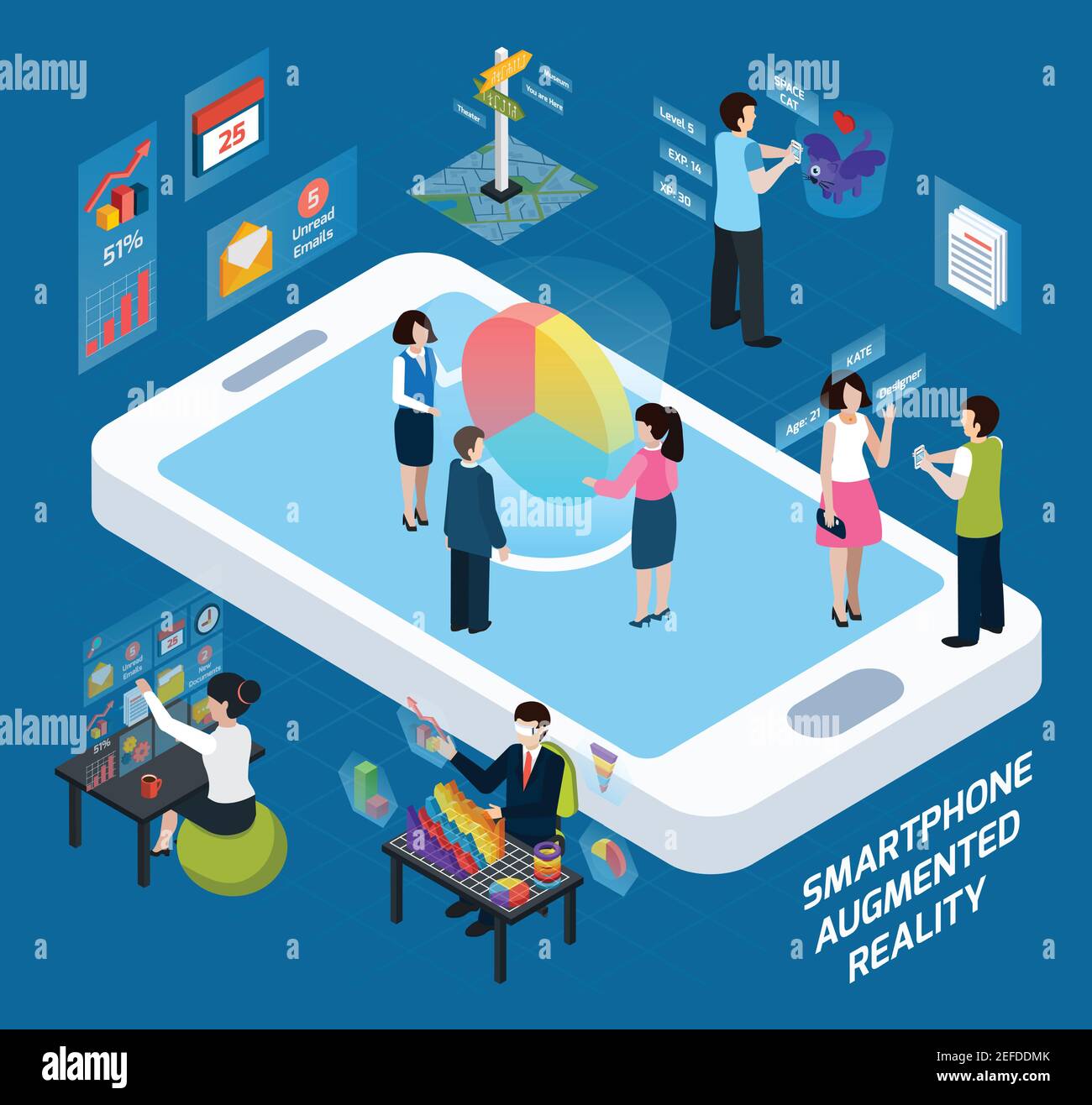 Colored 3d smartphone augmented reality isometric composition with work ...