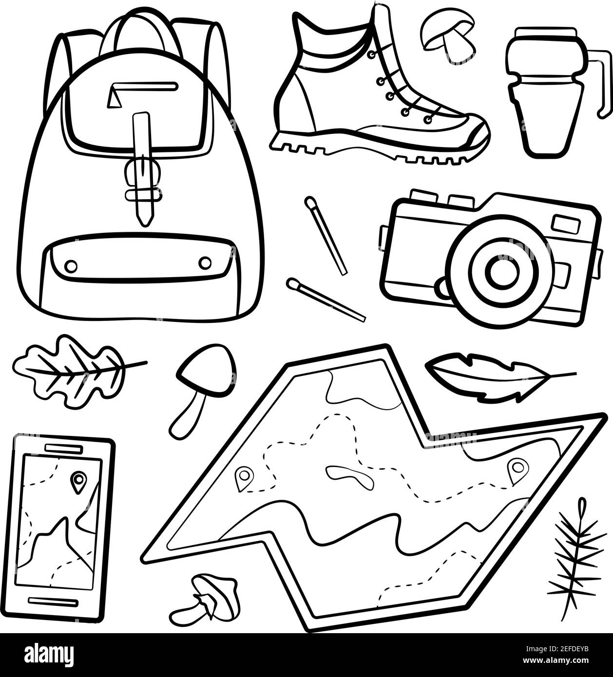 Set of doodle forest camping design elements. Hand drawn hiking and ...