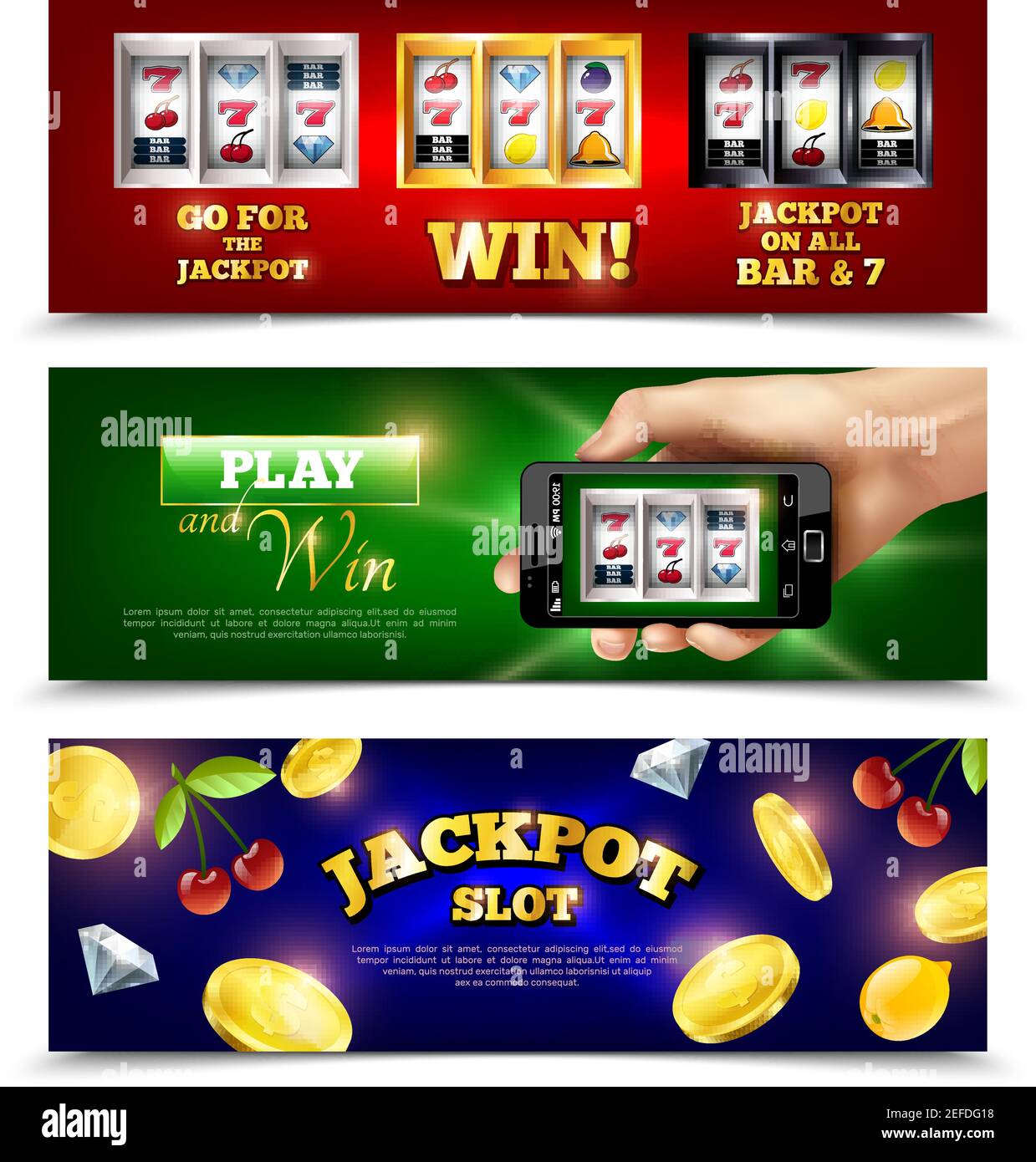 Slot machine set of horizontal banners with jackpot, coins, fruits ...