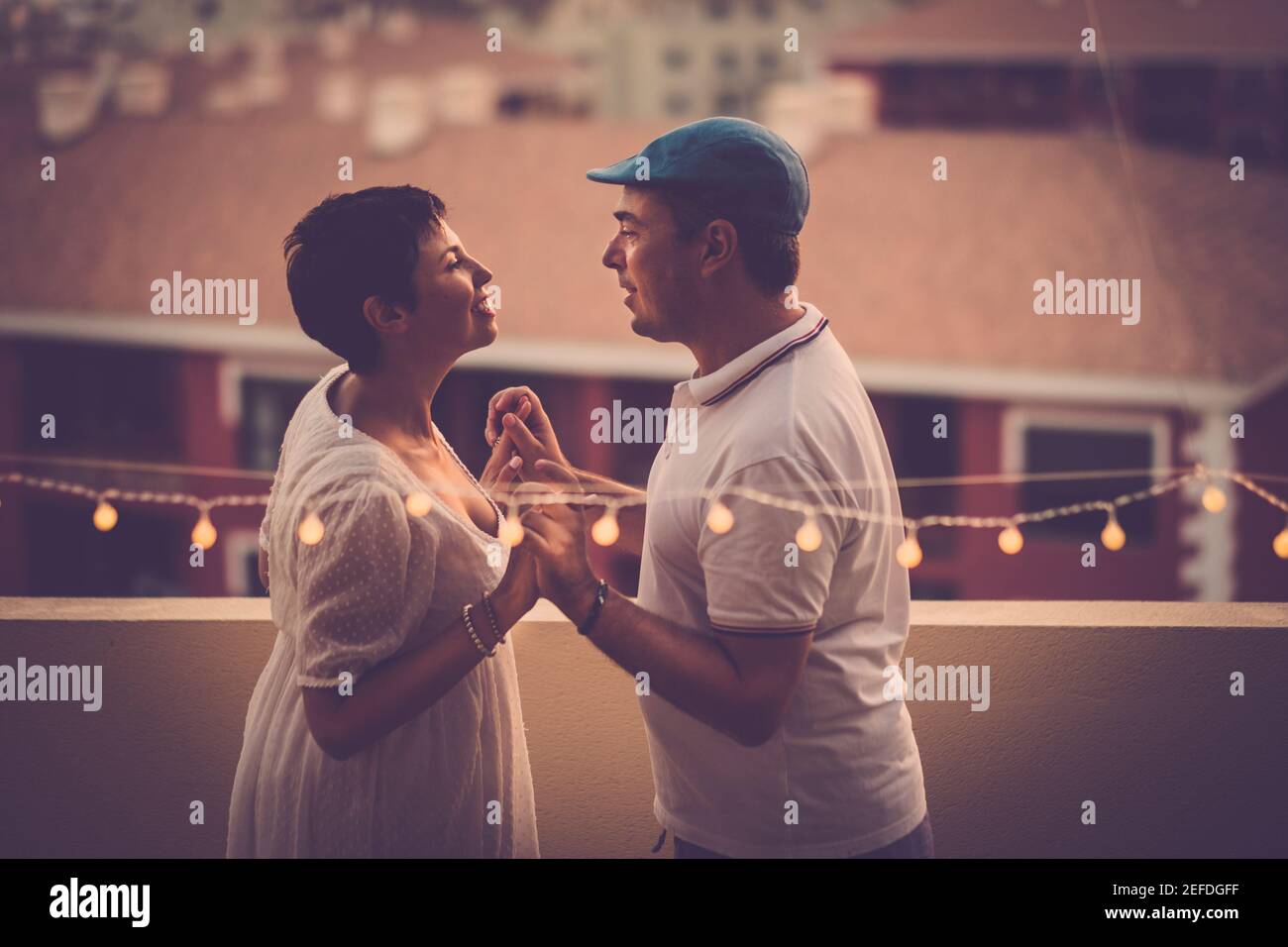 Romantic couple dance and hug with love and relationship together ...