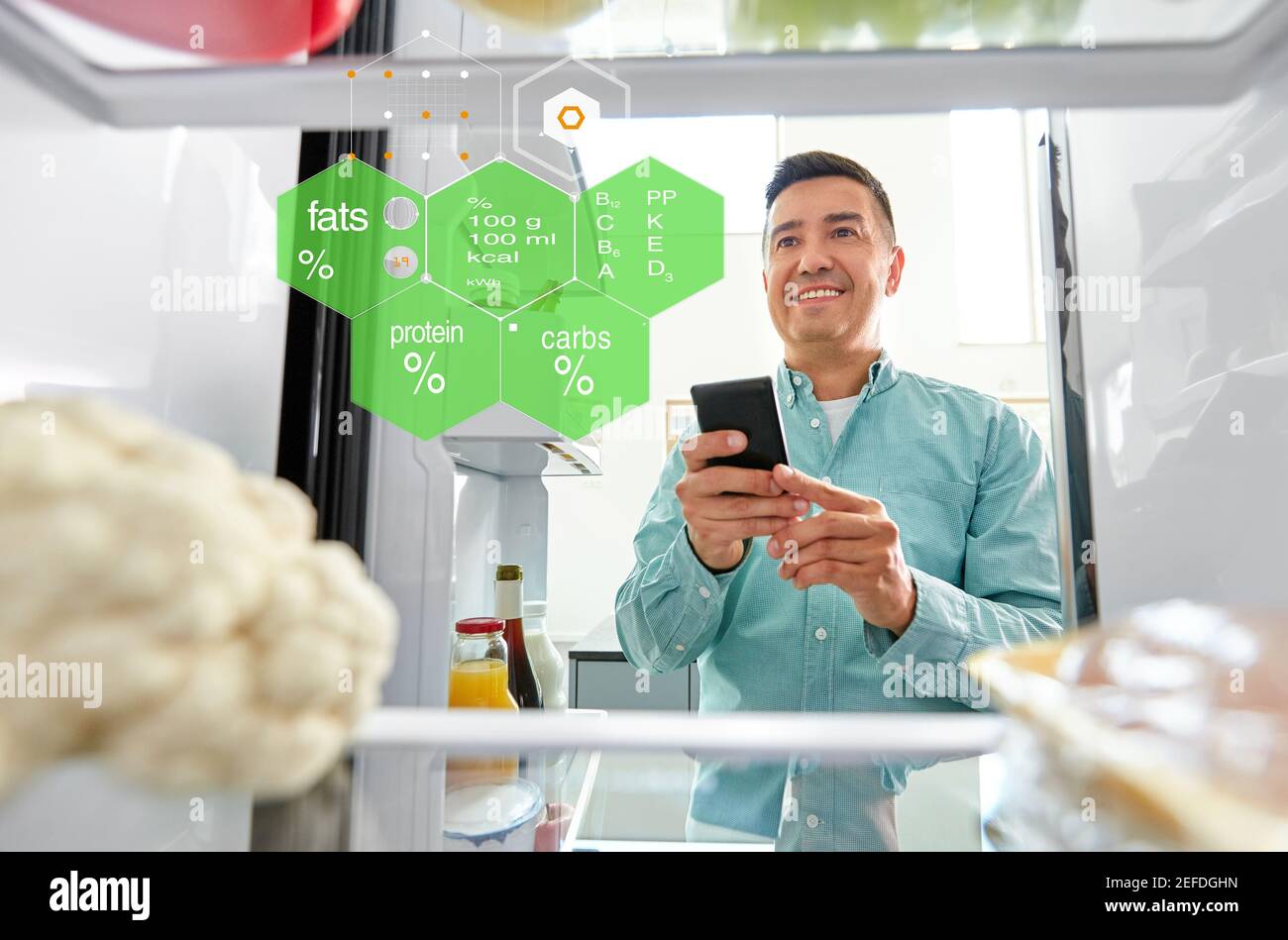 man with smartphone making list of food in fridge Stock Photo - Alamy
